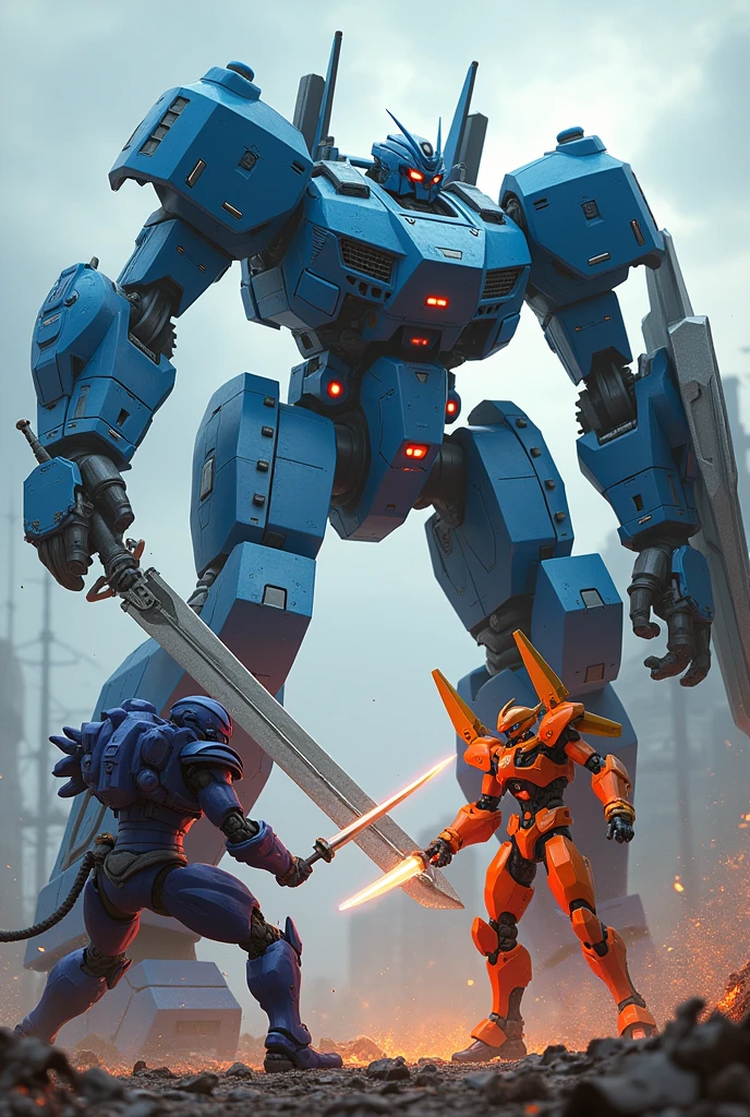 A giant blue robot holds a sword and a shield, and in front of it is ...
