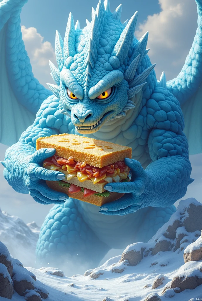 There is a blue dragon statue sitting at a counter with a lot of food ...