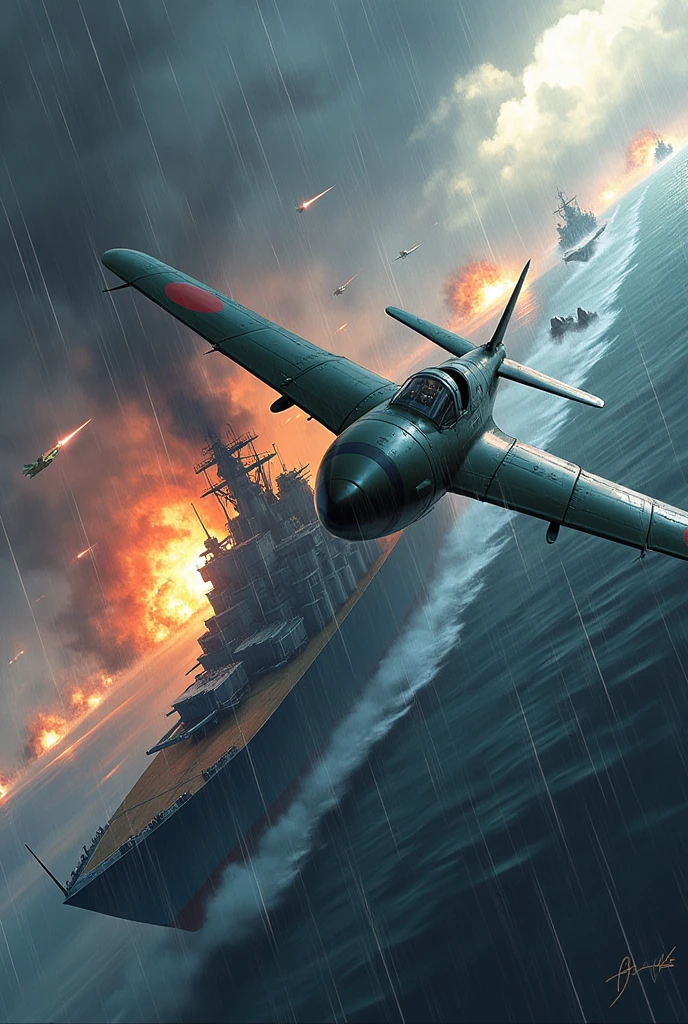 a kamikaze about to hit an American ship,In a rainy sky with explosions ...