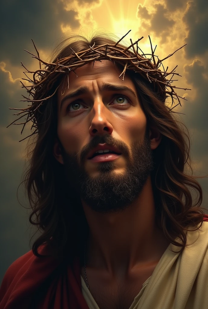 An artistic representation of Jesus Christ staring intently forward ...