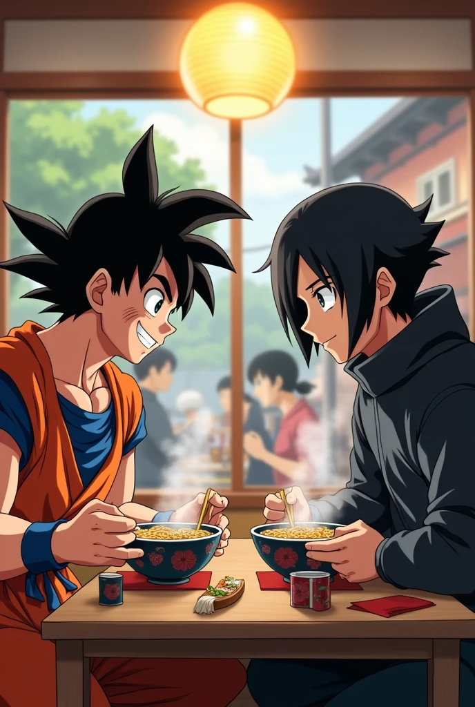 Son Goku and Sasuke eat noodles together - SeaArt AI