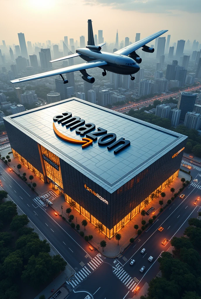Amazon store seen from above with a light aircraft - SeaArt AI