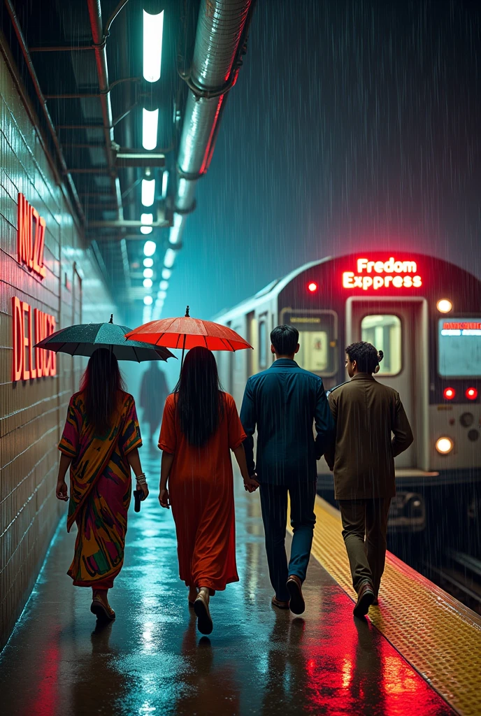 Setting: A rainy New York City subway station, dimly lit, with water ...