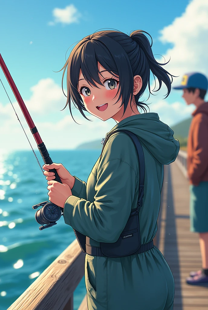 lively Japanese beauty doing bass fishing , with disheveled dark hair ...