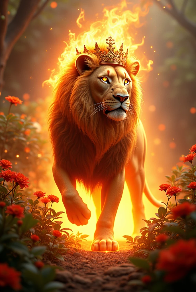 Burning lion with a golden crown in a garden - SeaArt AI