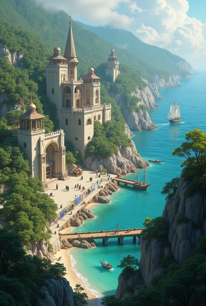 Beautiful, walled Elven coastal City with port, and surrounding forests ...