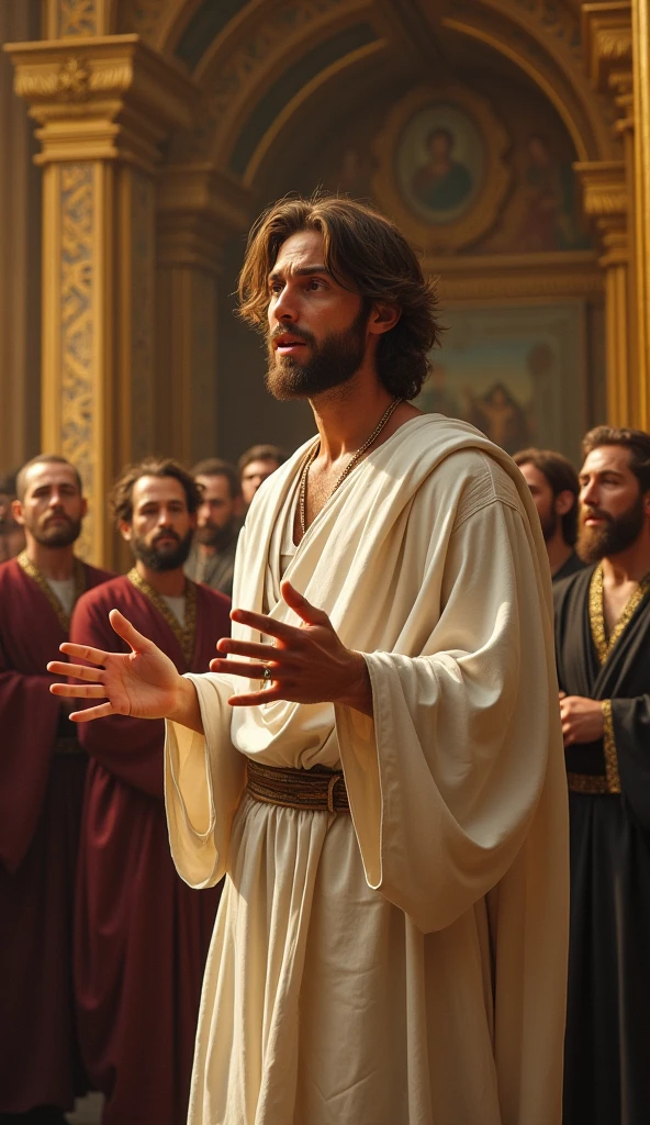 Create a young man with hair up to half his neck and beard, brown color ...