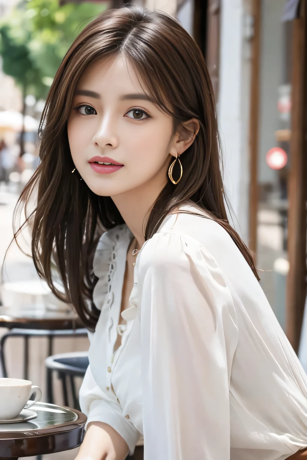 Araffe asian woman sitting at a table with a cup of coffee - SeaArt AI