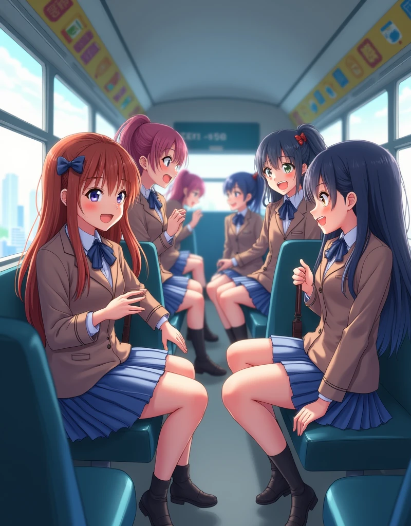 Elementary school anime girls are sitting and chattering in the bus ...