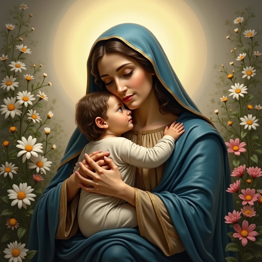Create an image of the Virgin Mary with dark brown hair and a blue ...