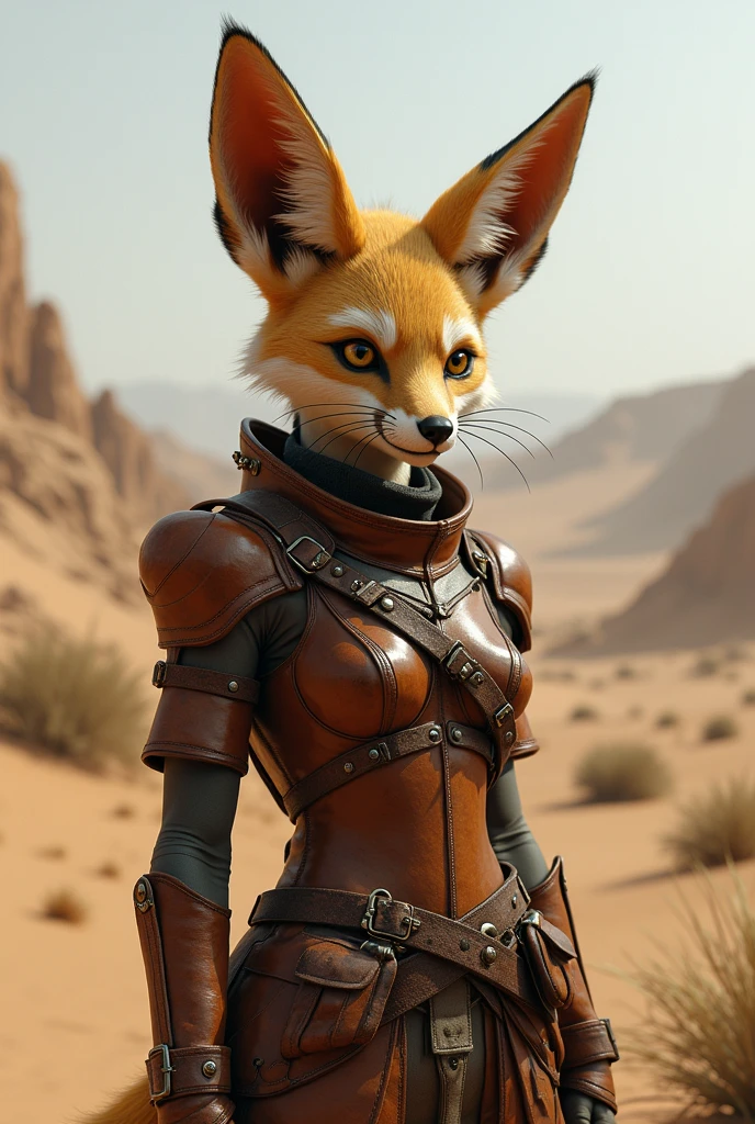 A Fennec Fox human, with a leather armour. - SeaArt AI