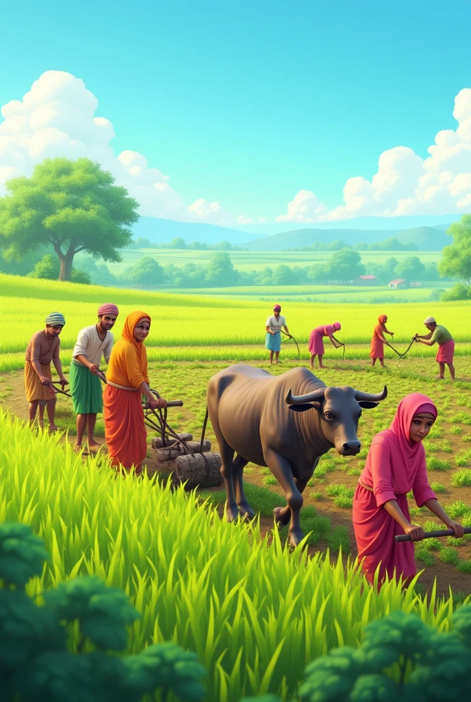 "An animated scene of Indian farmers working together in a vibrant ...