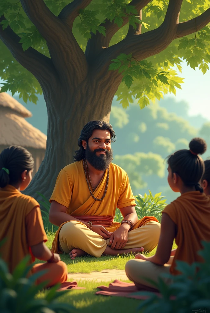 "Ravi sitting with a group of ren under a tree in the village - SeaArt AI