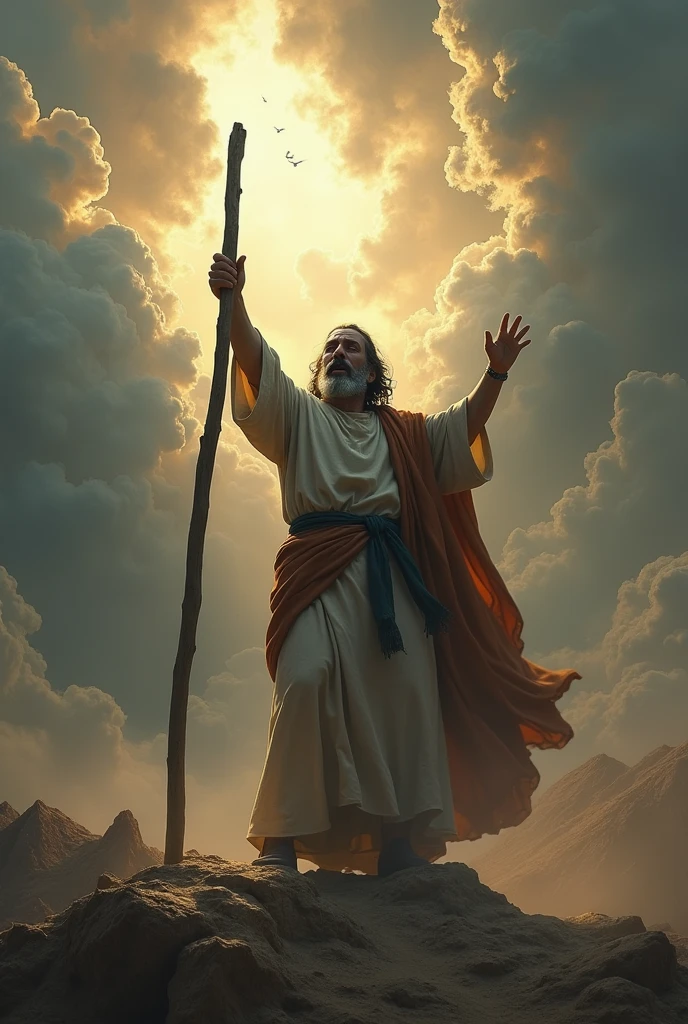 Moses shouting at the sky with his arms raised, holding a rod with both hands - SeaArt AI