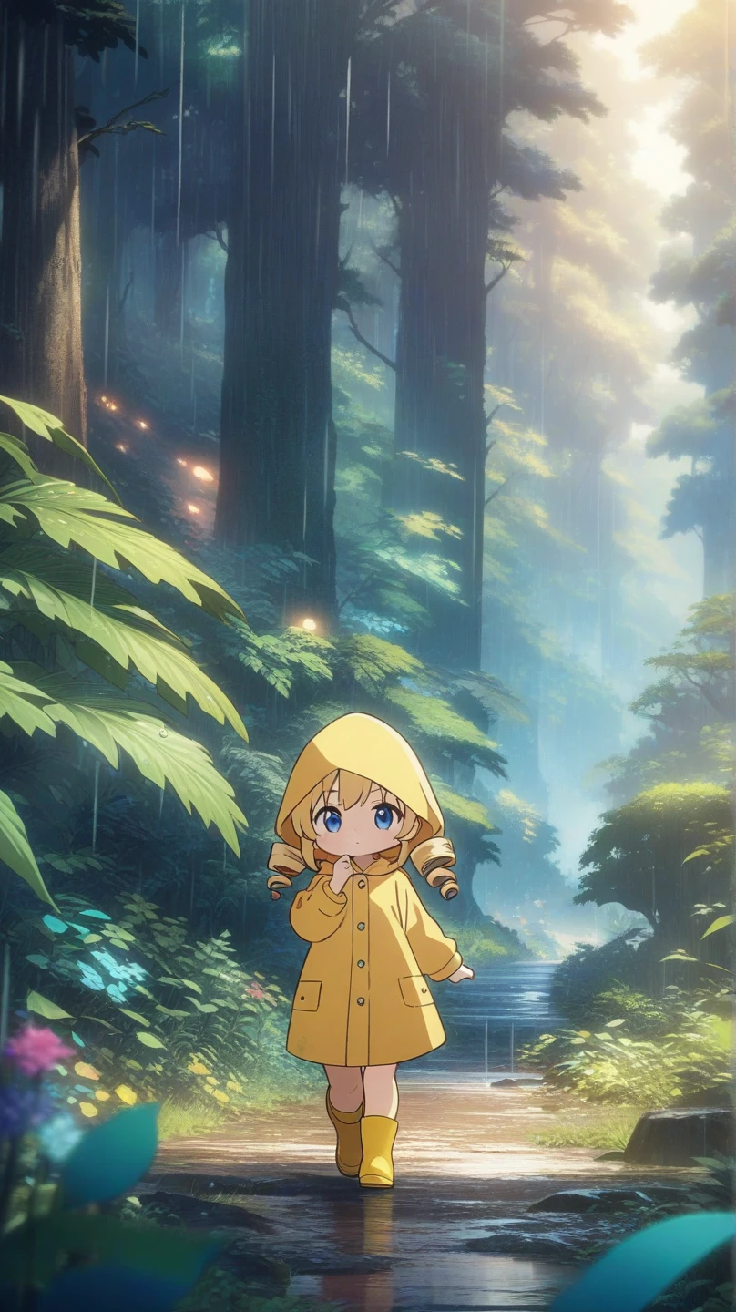 A blonde , blue eyes, twintails, drill hair, wearing a yellow raincoat ...
