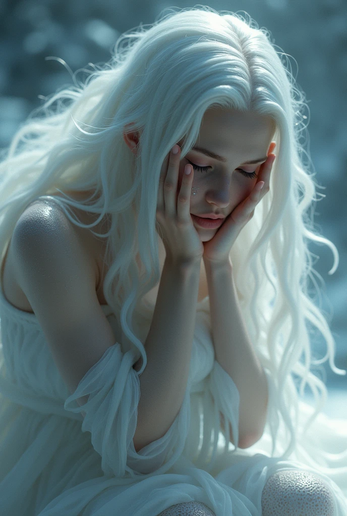A female divine figure with white hair kneels, clutching her face in ...