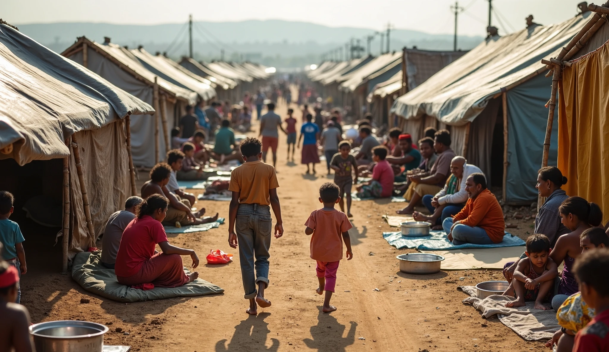 People are sitting on the ground in a tent city - SeaArt AI