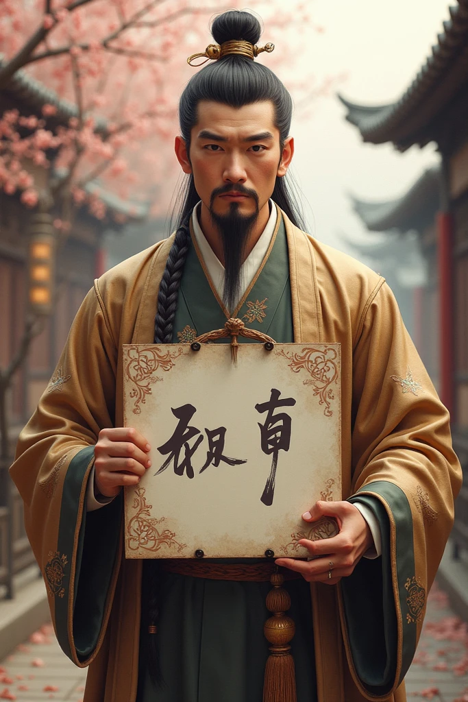 Man in Chinese dress holding a sign - SeaArt AI