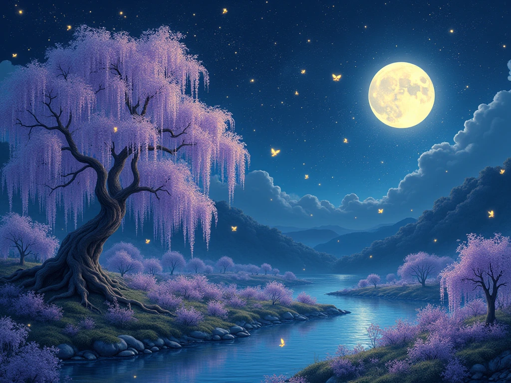 Fireflies flying around wisteria flowers。Fantastic landscape at night ...