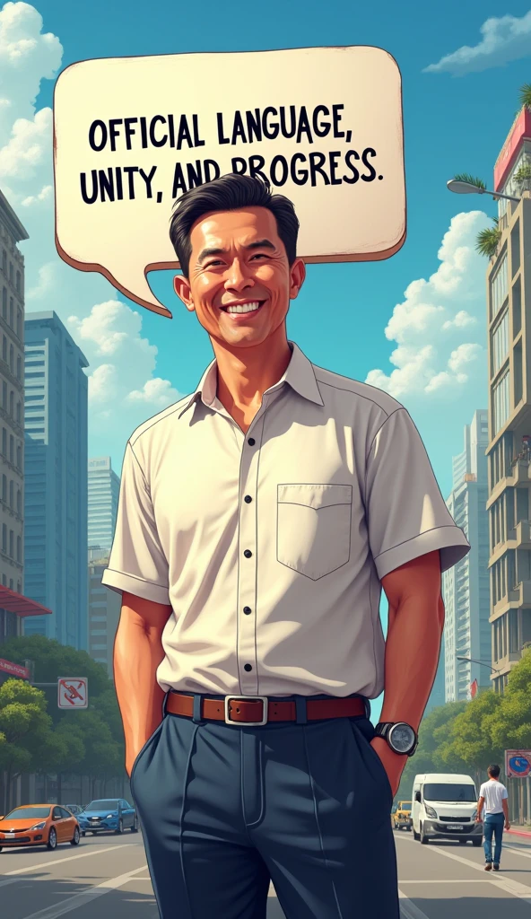 A filipino man with a chat bubble that says Wikang Opisyal, Pagkakaisa ...