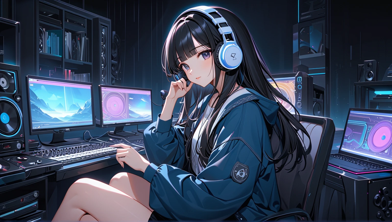 playing music in a calm atmosphere at night、 Masterpiece , best quality ...