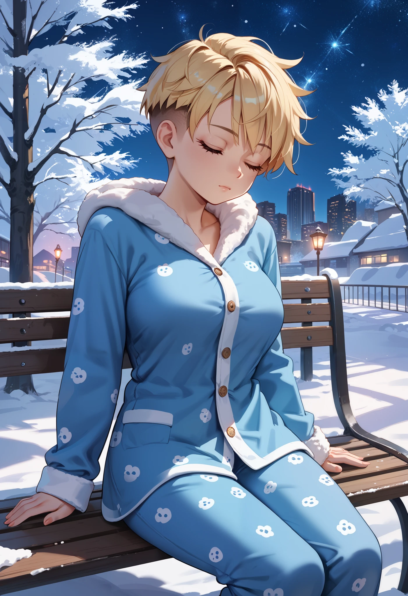 Anime character sitting on a bench in a snowy park - SeaArt AI