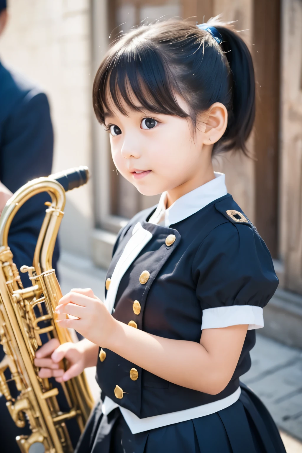 There is a little girl in a uniform playing a saxophone - SeaArt AI