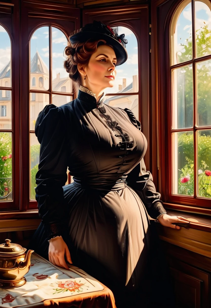 Full body shot of A voluptuous buxom mature Victorian widow standing in ...