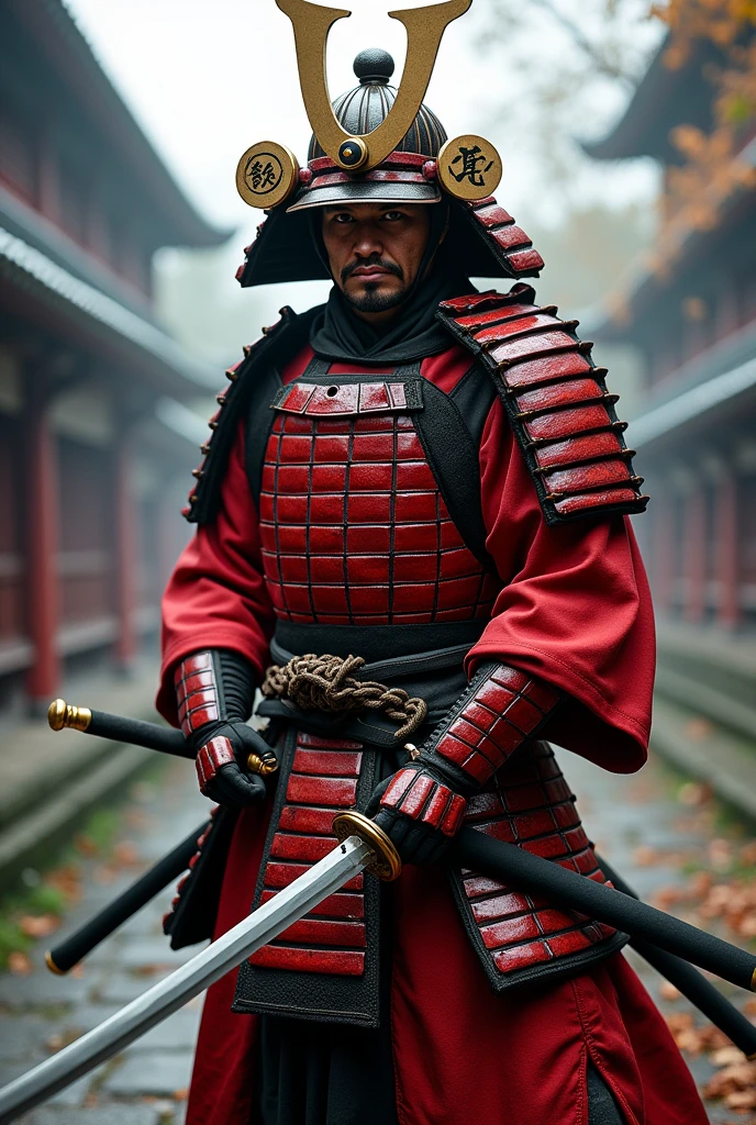 Samurai in scarlet red Japanese armor, katana drawn from the scabbard ...