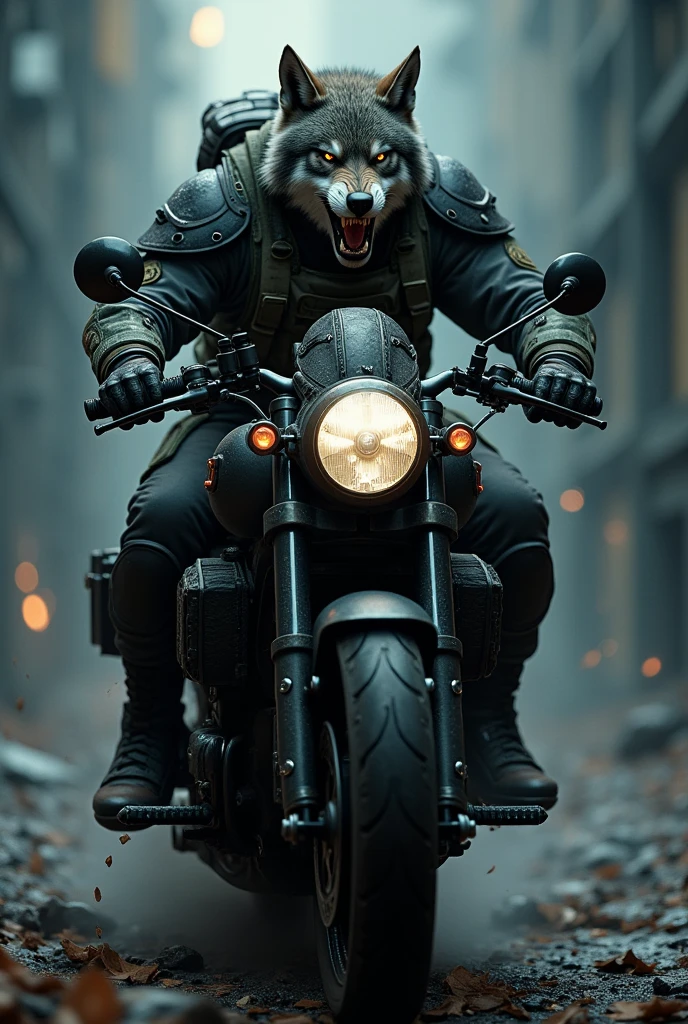 Military wolf motorcycle near moin dark - SeaArt AI