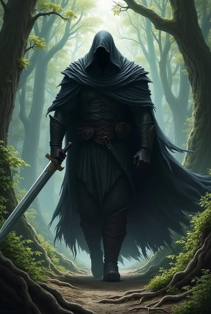 A warrior in all black and a sword as tall as he is walking through the ...