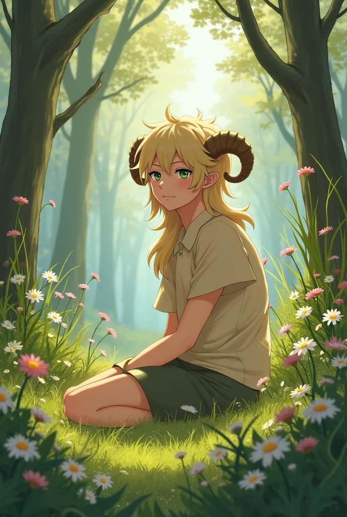 Generate image of a character, male, beige hair, mythical, sheep ears ...