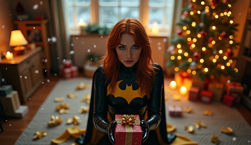In a cinematic, hyper-realistic scene, Batgirl, a redhead, kneels at ...