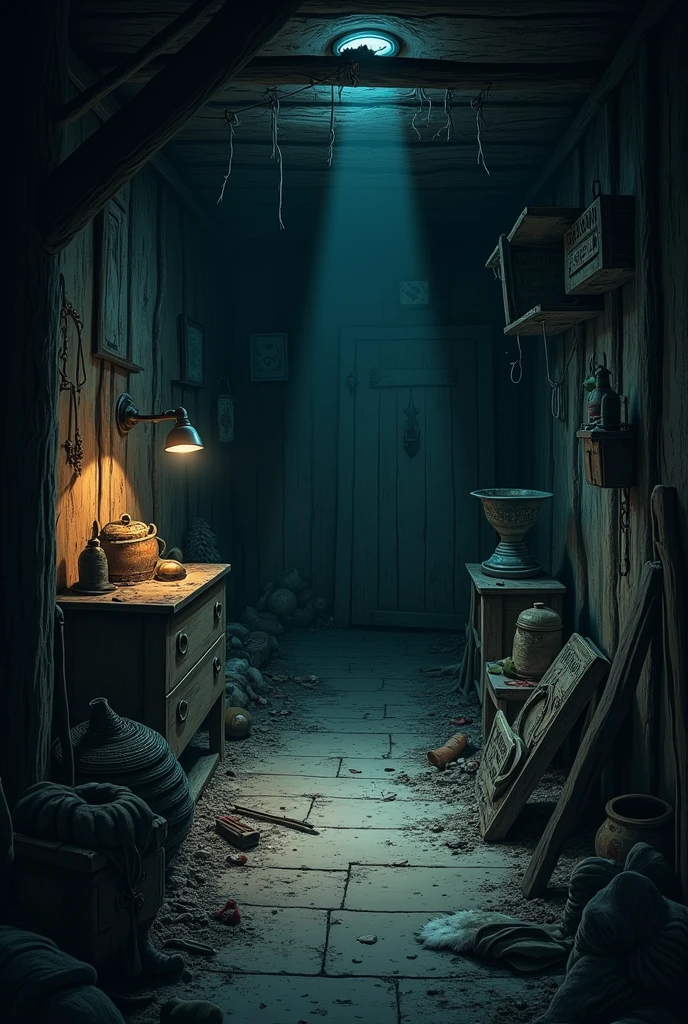 Create illustration image of, A dark, dimly lit room, with shadows and ...