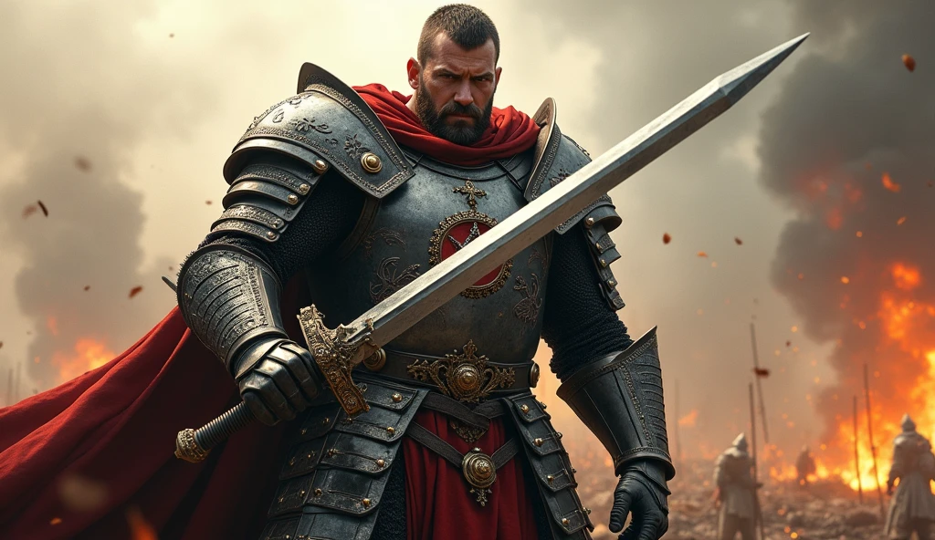 Extremely strong and imposing medieval warrior, He extends his sword ...