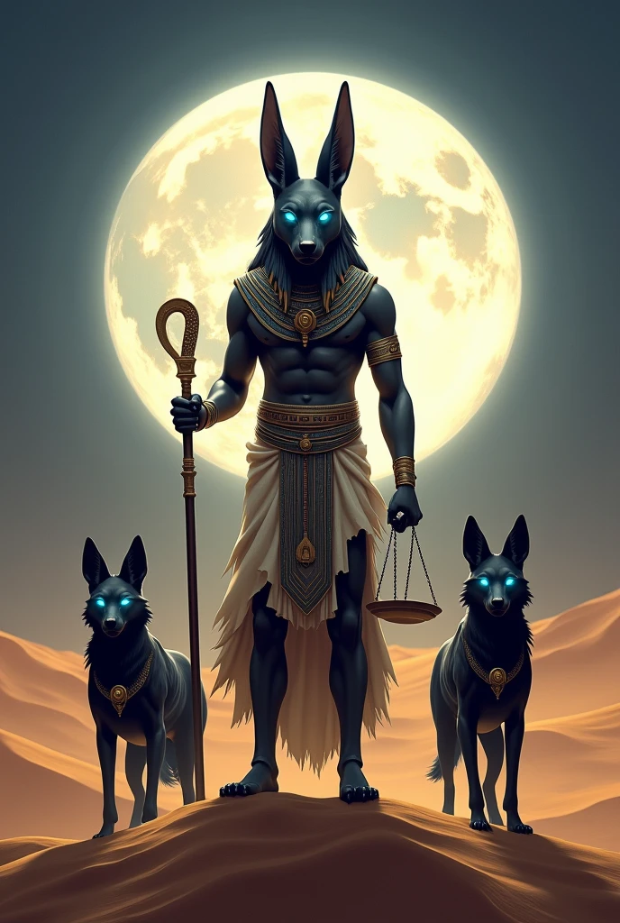 Anubis in the desert with a large moon illuminating him , with one hand ...