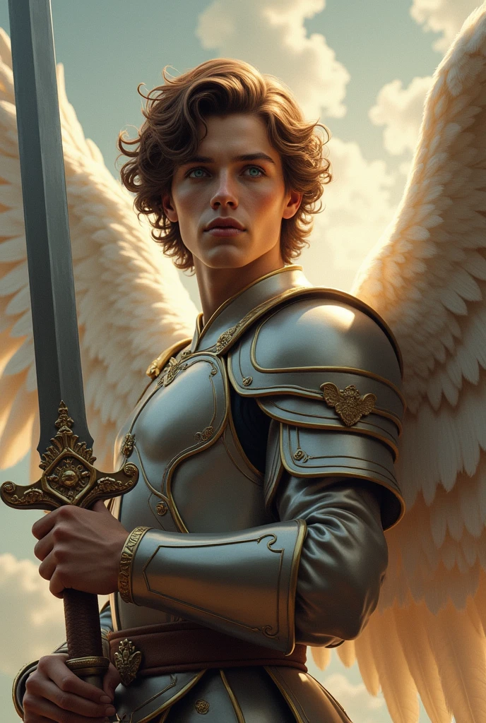 Image of Saint Michael the Archangel ,with blue eyes ,brown wavy hair ...