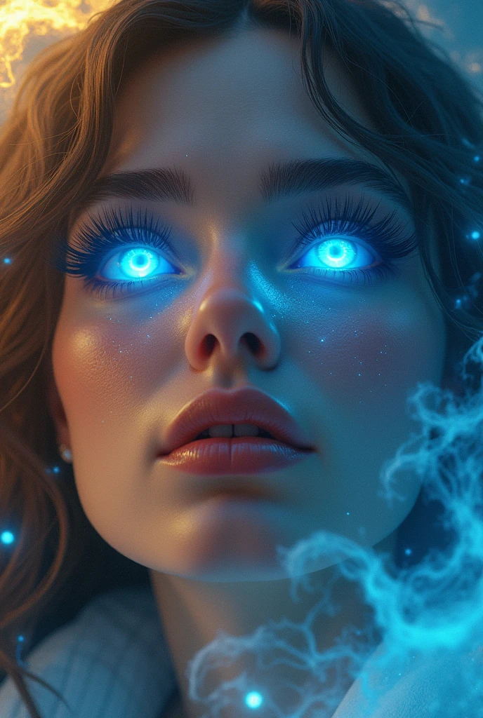 A person with mysterious blue eyes, flying in the universe, golden ...