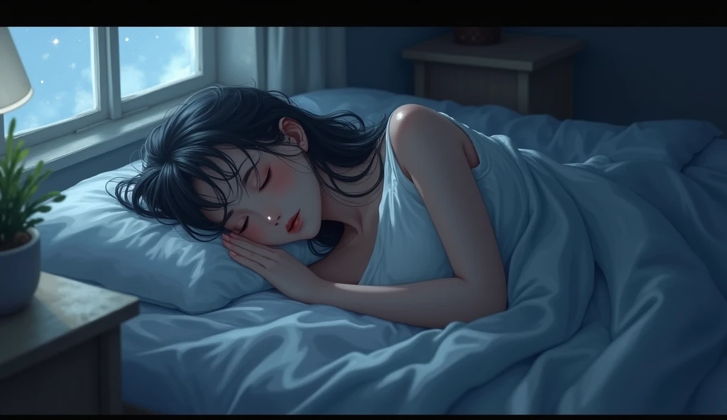 the girl in the character reference sleeping on her back in her bed ...