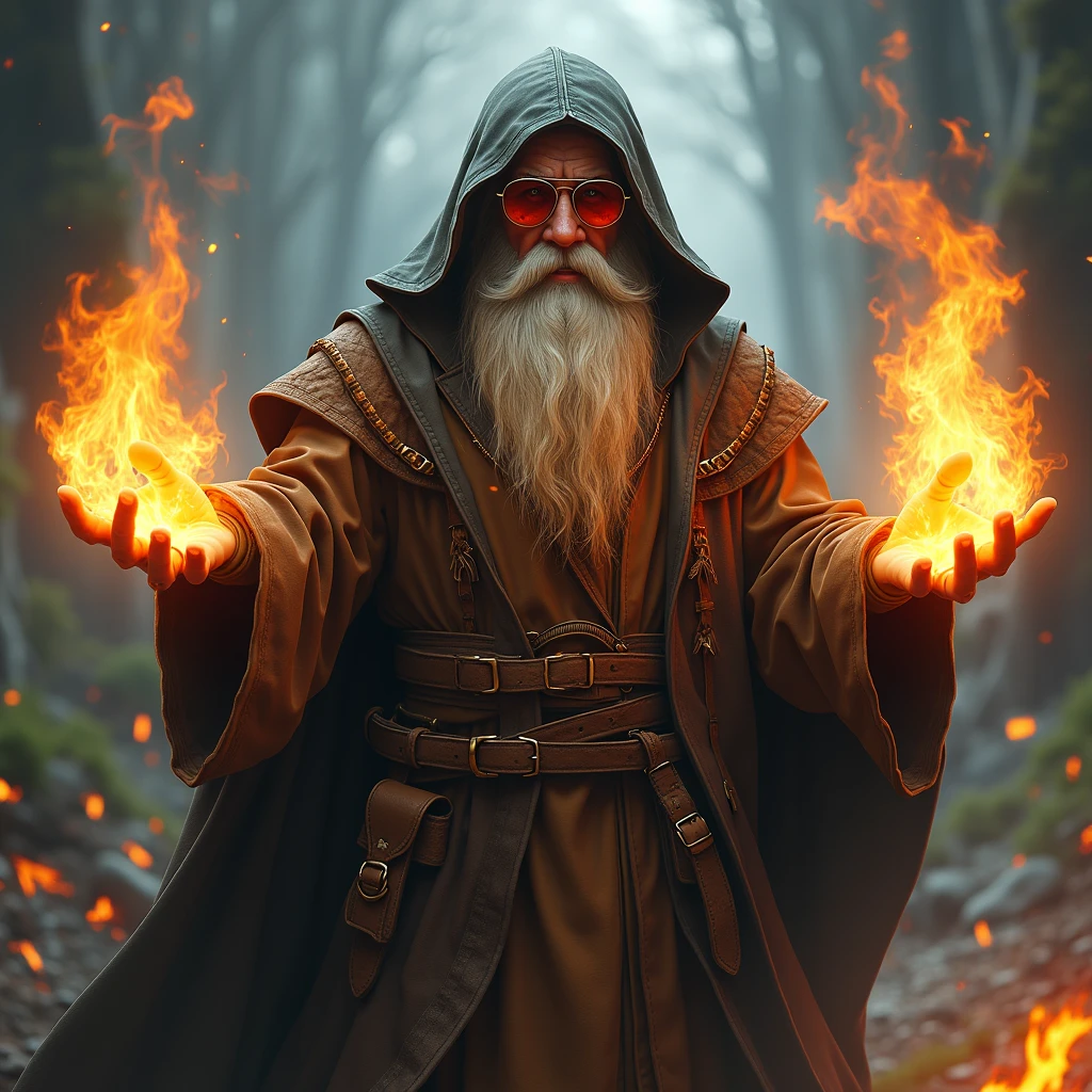 Old Wizard throwing fire, wearing cool sunglasses, hoodie on his head ...