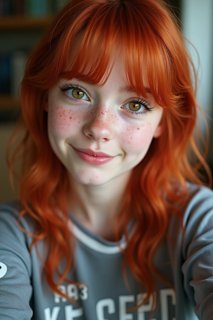 Create a beautiful red-haired teenager with brown eyes , she has an emo ...