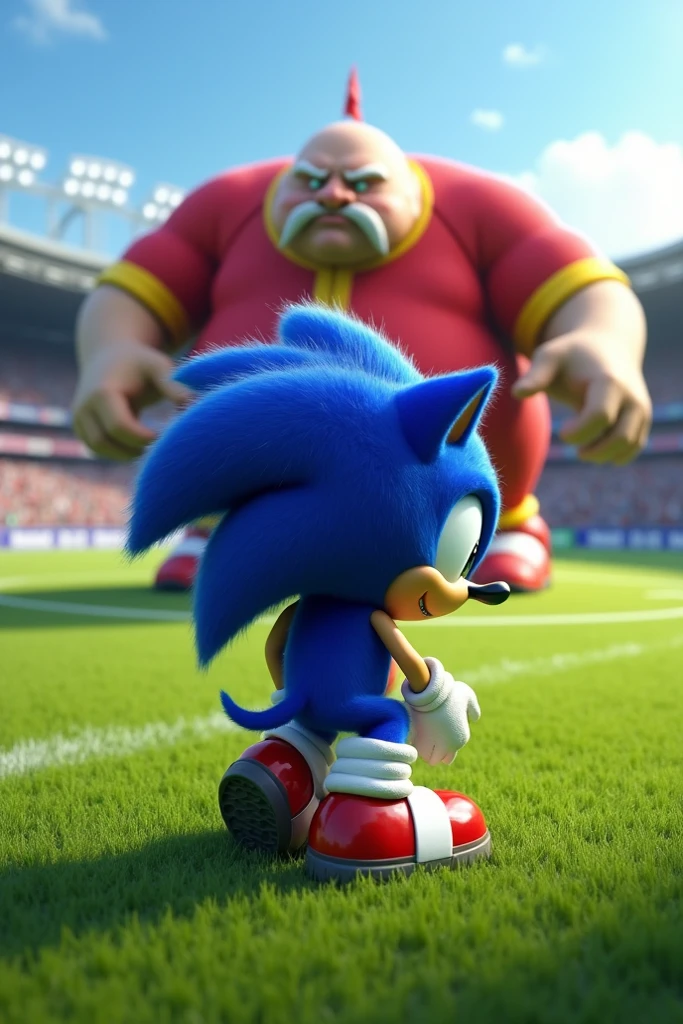 Sonic kneeling on a soccer field with Dr. Eggman - SeaArt AI