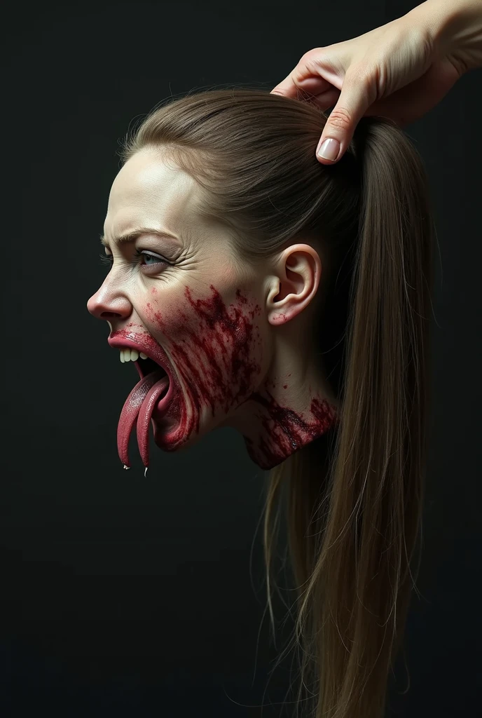 Dead girl head, severed head in profil, long brunette hair, high thick ...