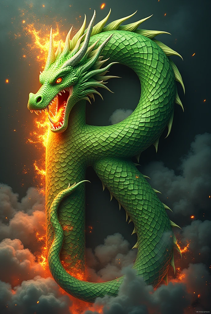Create the letter R with a green dragon style realistic style with fire ...