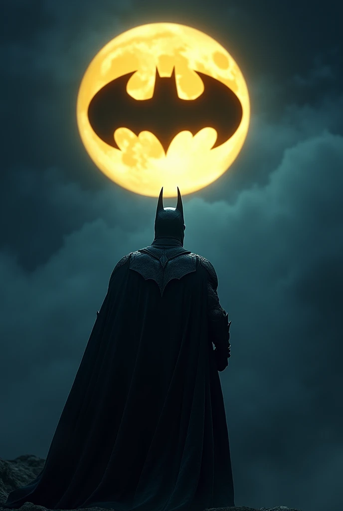 Batman standing under a bright Bat-Signal illuminated by a searchlight ...
