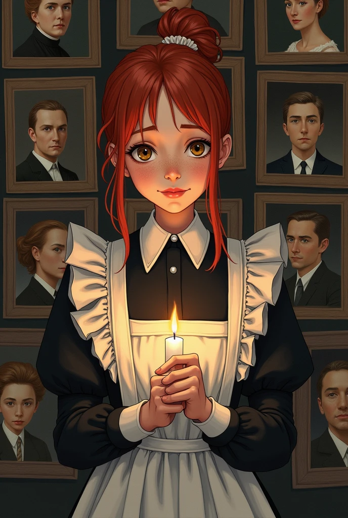 Draw an illustration of a woman dressed as a maid, holding a candle ...