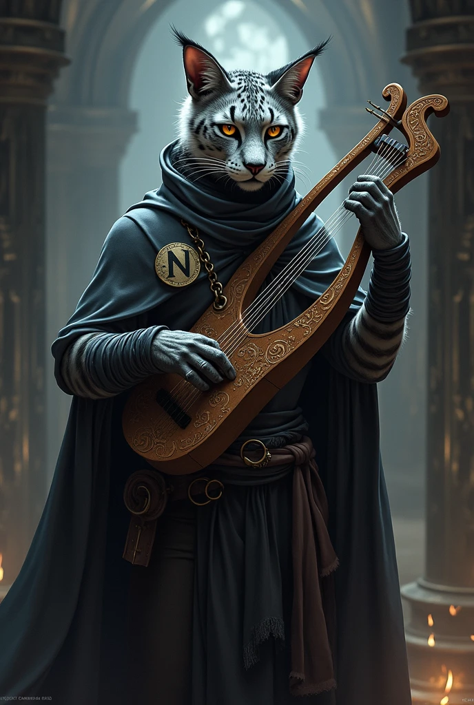 Hey. Please make a tabaxi bard, that is masculine, resembles a clouded ...