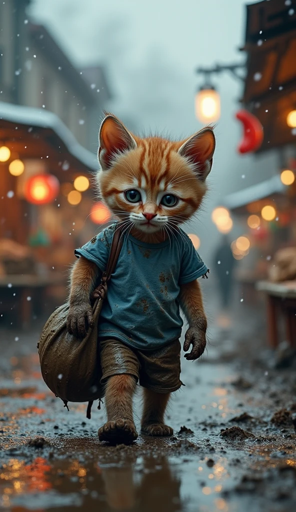 " A small kitten completely covered in mud , with disheveled hair ...