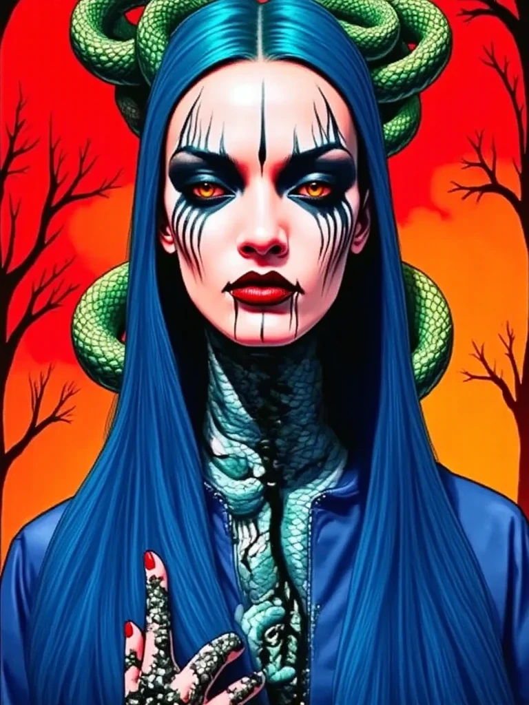 Snake dress, maxi dress, medusa in flowing gown, scratchy sketch uses ...