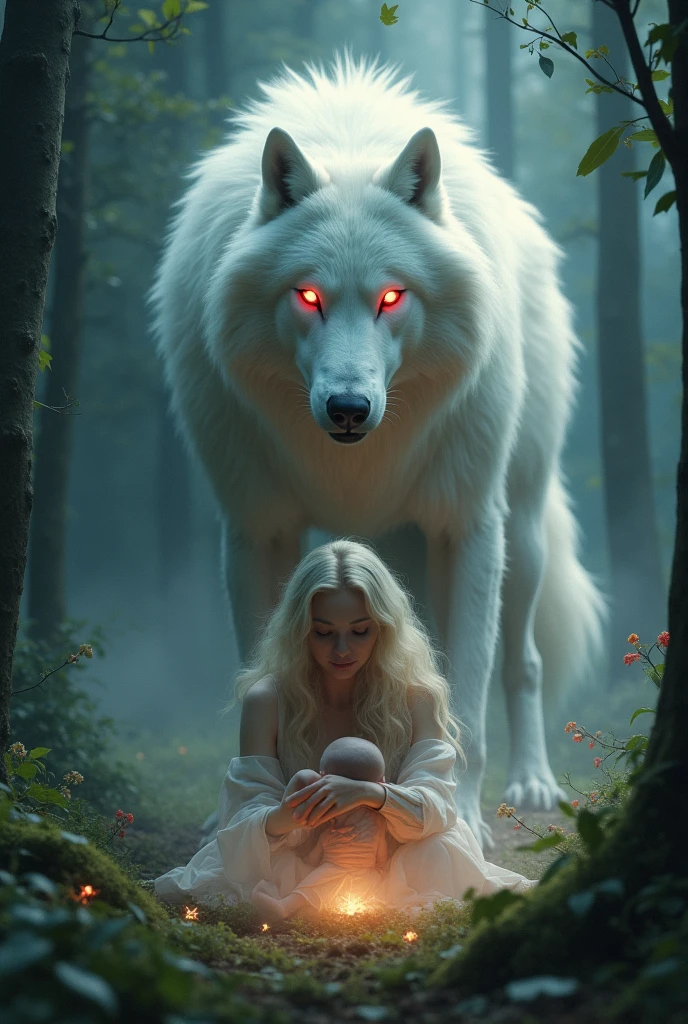 Large white Direwolf spirit with deep dark red eyes protectively ...